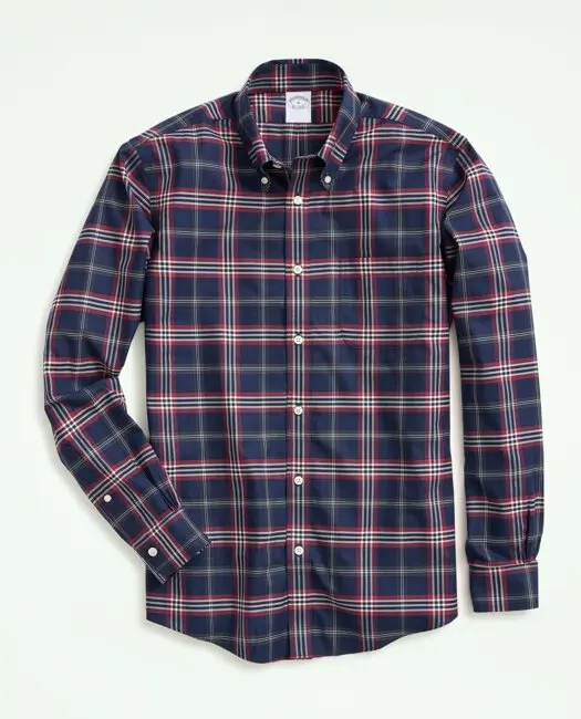 Brooks Brothers Stretch Supima Cotton Non-iron Twill Polo Button Down Collar, Tartan Shirt - Navy
