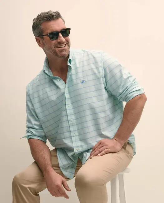 Brooks Brothers Big & Tall Stretch Cotton Non-iron Oxford Polo Button Down Collar, Windowpane Shirt - Turquoise