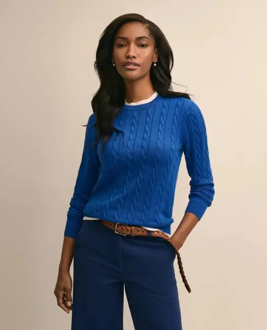 Brooks Brothers Supima Cotton Cable Crewneck Sweater - Blue