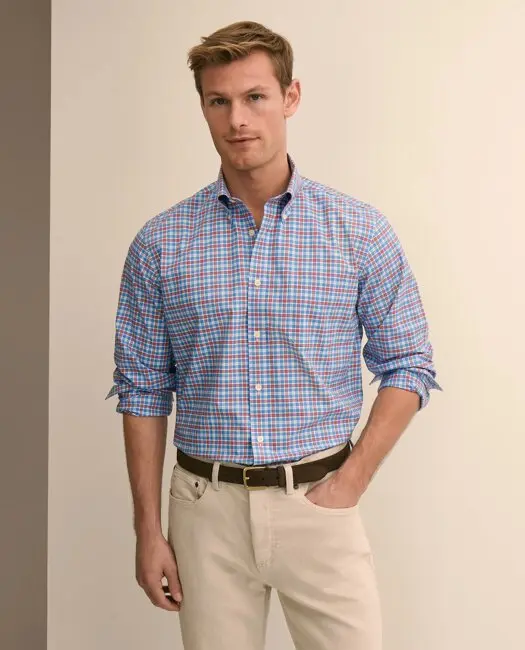 Brooks Brothers S Stretch Supima Cotton Non-iron Broadcloth Polo Button-down Collar, Check Sport Shirt - Blue