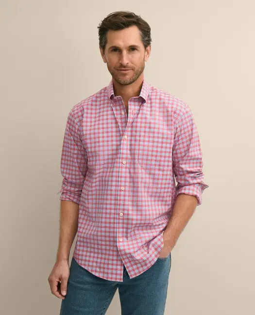 Brooks Brothers S Stretch Supima Cotton Non-iron Broadcloth Polo Button-down Collar, Check Sport Shirt - Rose
