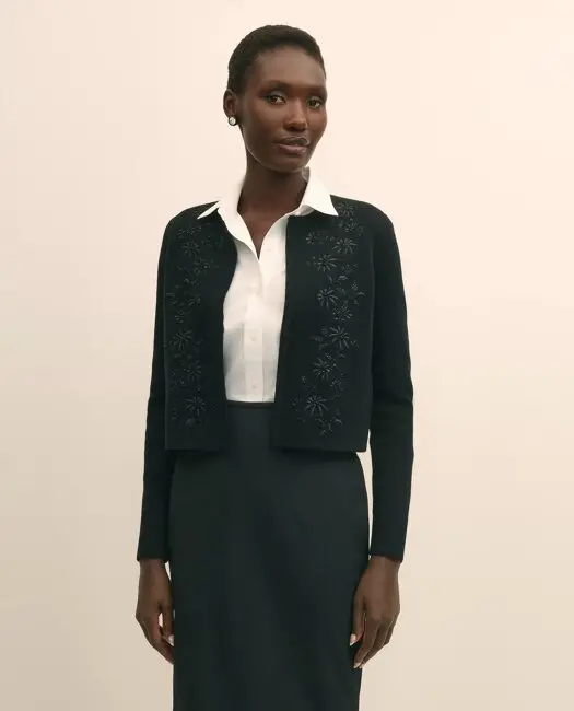 Brooks Brothers Merino-wool-cotton Blend Floral Embellished Cardigan | | Large - Black