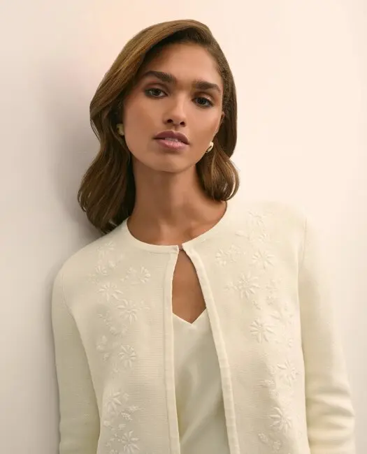 Brooks Brothers Merino-wool-cotton Blend Floral Embellished Cardigan | | Large - Cream