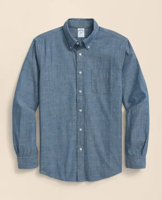 Brooks Brothers Chambray Cotton Poplin Polo Button Down Collar, Sport Shirt