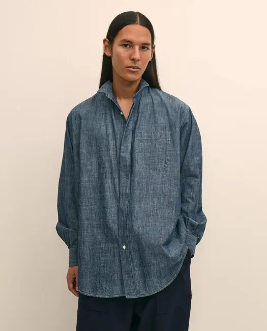 Brooks Brothers X Engineered Garts Cotton Chambray Wing Collar Overd Dress Shirt | | Large - Blue