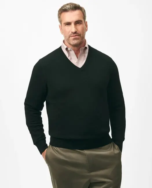 Brooks Brothers Big & Tall 3-ply Cashmere V-neck Sweater - Black