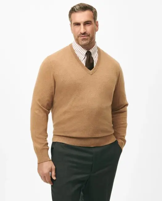 Brooks Brothers Big & Tall 3-ply Cashmere V-neck Sweater - Brown