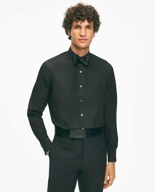 Brooks Brothers S Fleece Pleated Londoner Collar Tuxedo Shirt In Sea Island Cotton - Black