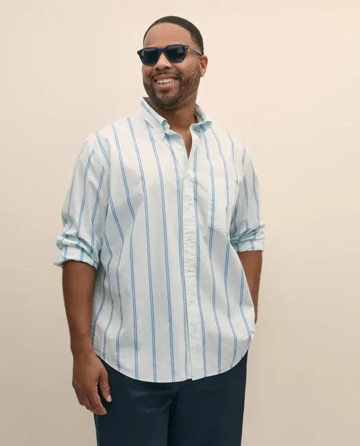 Brooks Brothers Big & Tall Friday Shirt, Poplin Striped - Turquoise