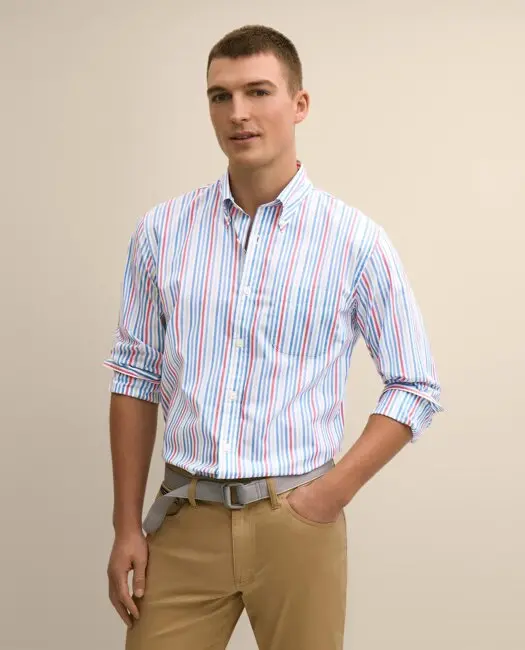 Brooks Brothers Performance Series Stretch Polo Button-down Collar, Multi-stripe Sport Shirt - Multicolor