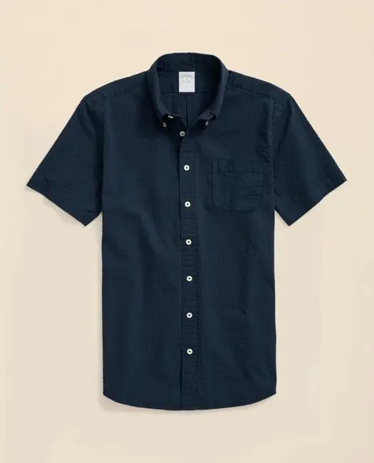 Brooks Brothers S Stretch Cotton Seersucker Button-down Collar Short-sleeve Sport Shirt - Navy