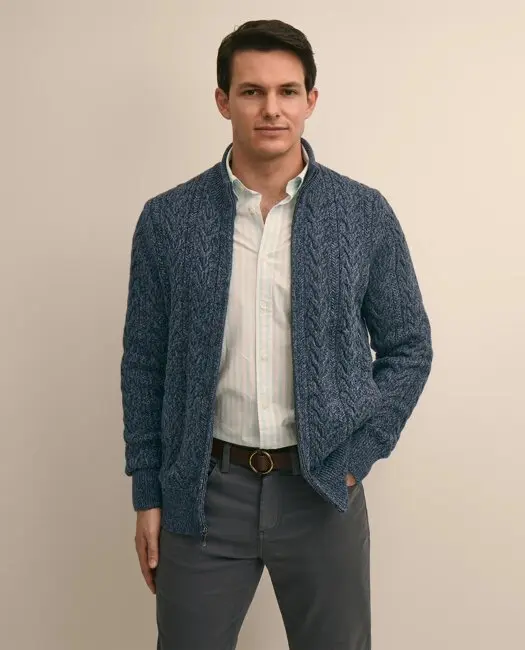 Brooks Brothers Supima Cotton Full-zip Cable Sweater - Navy