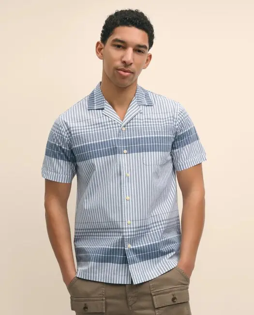Brooks Brothers Cotton Camp Collar, Border Plaid Short-sleeve Shirt | | Small - Navy