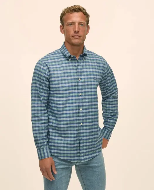 Brooks Brothers Stretch Non-iron Oxford Button-down Collar, Tartan Sport Shirt - Green