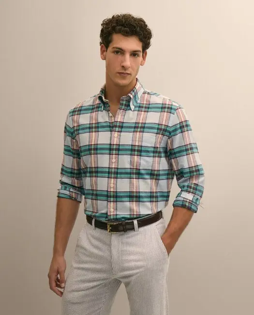 Brooks Brothers Cotton Madras Polo Button-down Collar Shirt - Blue