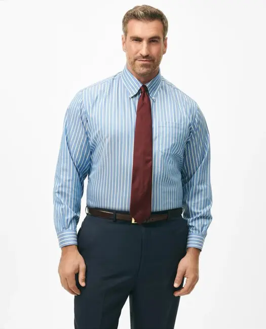 Brooks Brothers Big & Tall Stretch Supima Cotton Non-iron Twill Polo Button Down Collar, Ground Stripe Dress Shirt - Blue