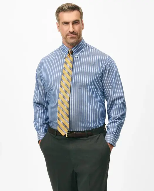 Brooks Brothers S Big & Tall Stretch Supima Cotton Non-iron Twill Polo Button Down Collar, Ground Stripe Dress Shirt - Navy