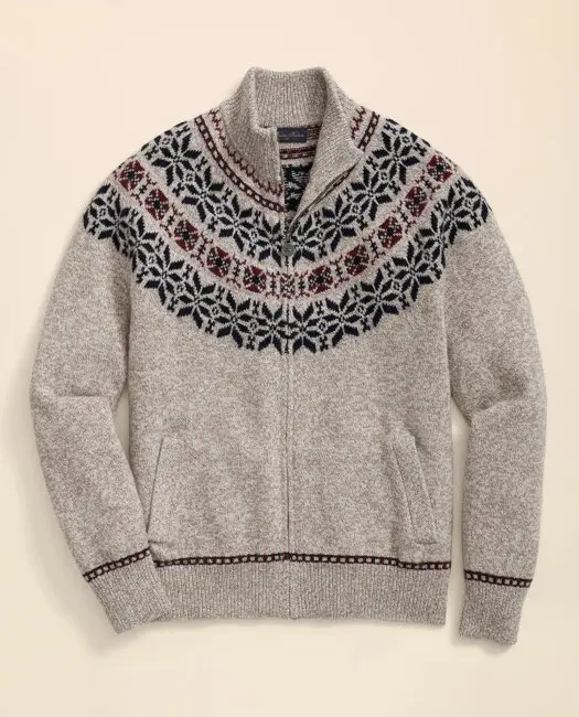 Brooks Brothers Merino Wool Fair Isle Zip Cardigan - Beige