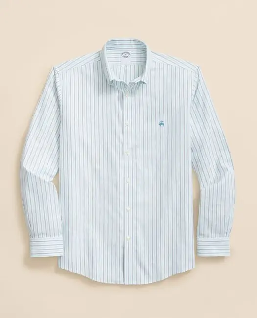 Brooks Brothers Stretch Cotton Non-iron Oxford Polo Button-down Collar, Alternating Stripe Shirt - Green
