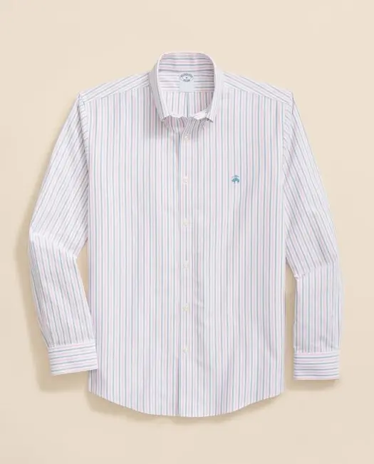Brooks Brothers Stretch Cotton Non-iron Oxford Polo Button-down Collar, Alternating Stripe Shirt - Pink