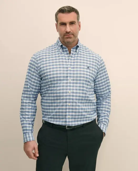 Brooks Brothers Big & Tall Stretch Cotton Non-iron Oxford Polo Button Down Collar, Outline Check Shirt - Hydrangea