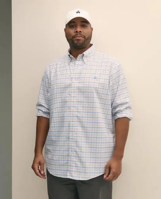 Brooks Brothers Big & Tall Stretch Cotton Non-iron Oxford Polo Button Down Collar, Multi Check Shirt - Hydrangea
