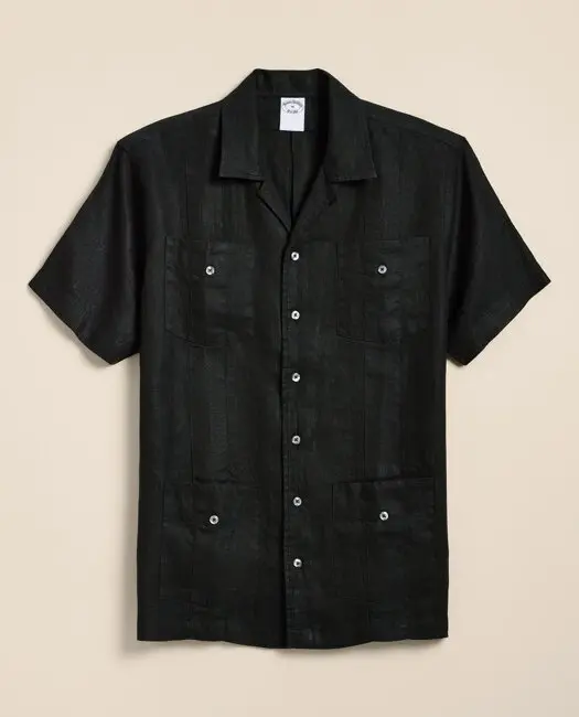 Brooks Brothers S Irish Linen Short Sleeve Guayabera Shirt - Black