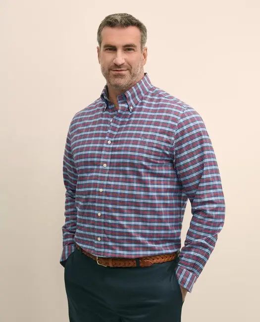 Brooks Brothers Big & Tall Stretch Cotton Non-iron Oxford Polo Button Down Collar, Royal Stewart Tartan Shirt - Hydrangea