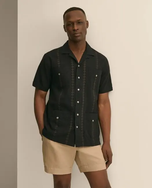 Brooks Brothers Cotton Guayabera Embroidered Short-sleeve Shirt - Black