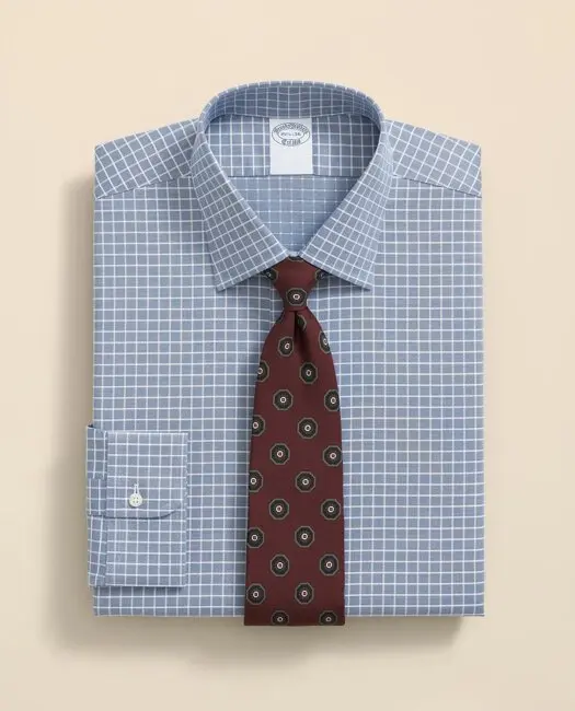 Brooks Brothers Stretch Supima Cotton Non-iron Textured Dobby Ainsley Collar, Graph Check Dress Shirt - Bright Blue