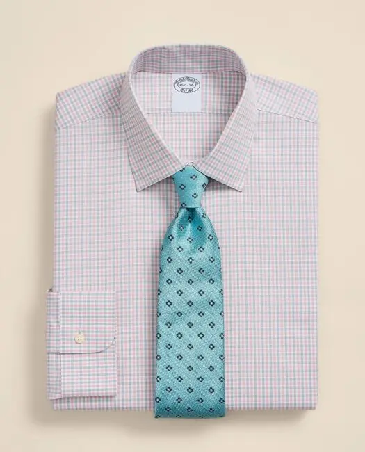 Brooks Brothers Supima Cotton Non-iron Pinpoint Oxford Ainsley Collar, Check Dress Shirt - Rose