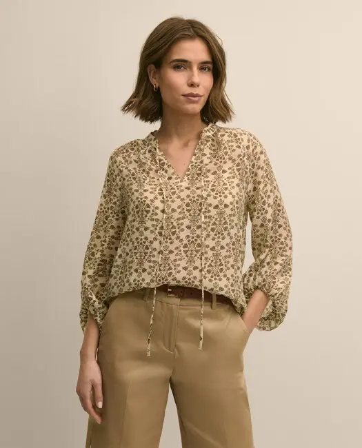 Brooks Brothers S Crinkle Texture Floral Popover Blouse - Tan/olive