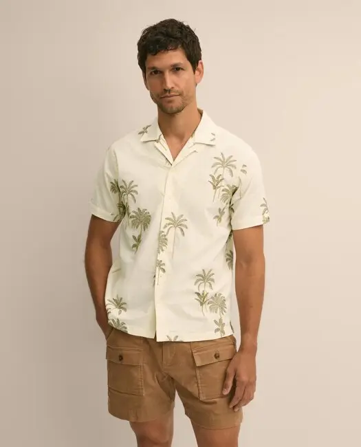Brooks Brothers Cotton-linen Camp Collar, Palm Tree Short-sleeve Shirt - Cream