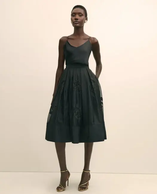 Brooks Brothers Taffeta Skirt With Embroidered Organza Overlay - Black