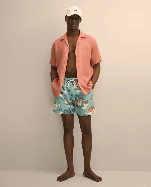 Brooks Brothers 5" Montauk Island-print Swim Trunks - Blue/tan