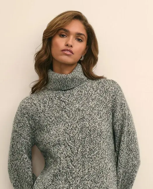Brooks Brothers Merino Wool Blend Marled Cable-knit Turtleneck Sweater | | Large - Black