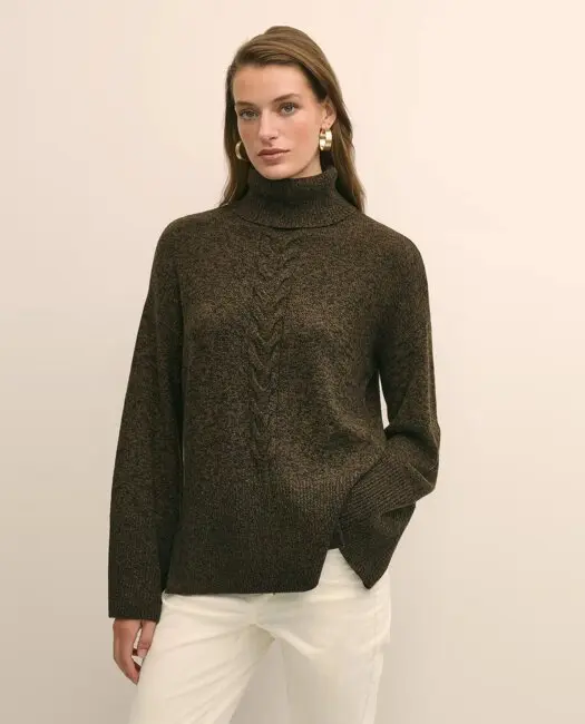 Brooks Brothers Merino Wool Blend Marled Cable-knit Turtleneck Sweater | | Large - Brown