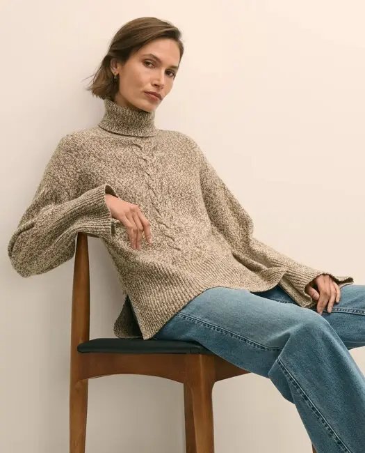 Brooks Brothers S Merino Wool Blend Marled Cable-knit Turtleneck Sweater | | Large - Ivory