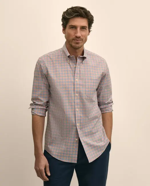 Brooks Brothers S Stretch Cotton Non-iron Broadcloth Polo Button-down Collar, Check Sport Shirt - Orange