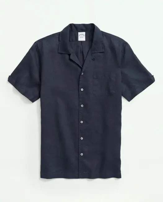 Brooks Brothers Irish Linen Camp Collar Short-sleeve Sport Shirt - Navy