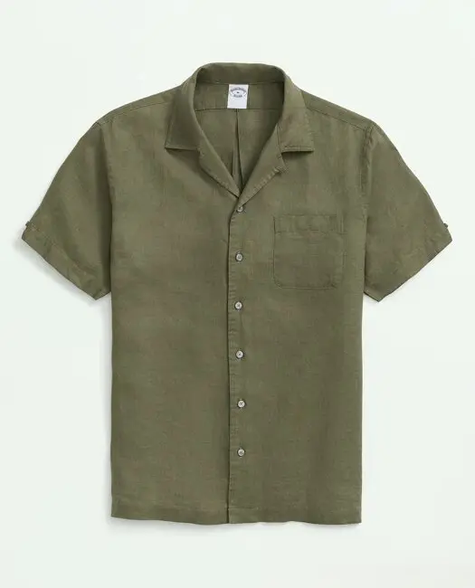 Brooks Brothers Irish Linen Camp Collar Short-sleeve Sport Shirt - Olive
