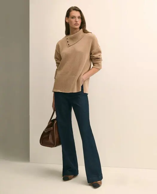 Brooks Brothers Relaxed Wool-blend Foldover Snap Collar Sweater | | Small - Camel