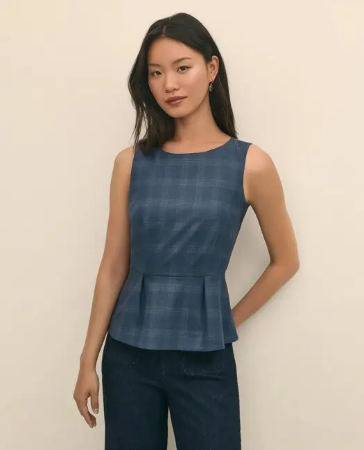 Brooks Brothers S Wool-silk Blend Sleeveless Plaid Peplum Top - Blue