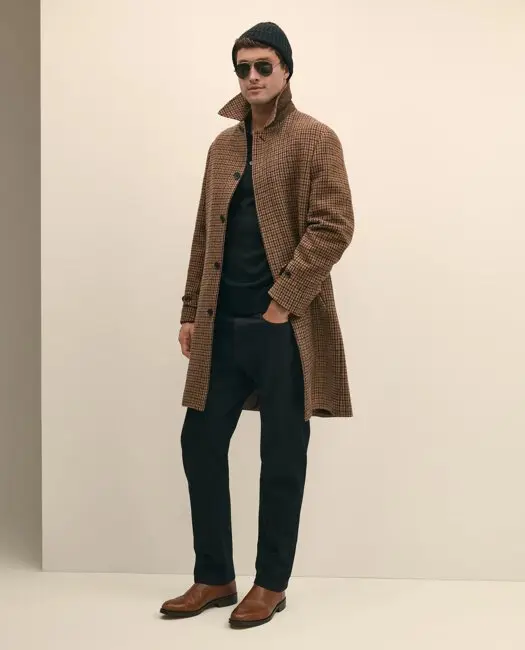 Brooks Brothers Lambswool Tattersall Balmacaan Coat | | Large - Brown