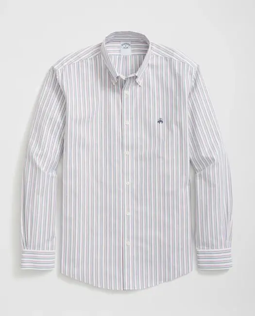 Brooks Brothers Stretch Cotton Non-iron Oxford Polo Button Down Collar, Triple Stripe Shirt - Blue