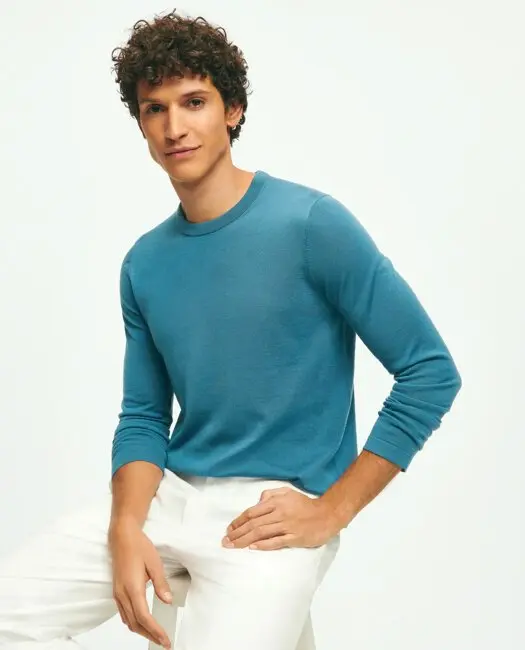 Brooks Brothers Lightweight Luxe All-season Sweater, Crewneck - Blue