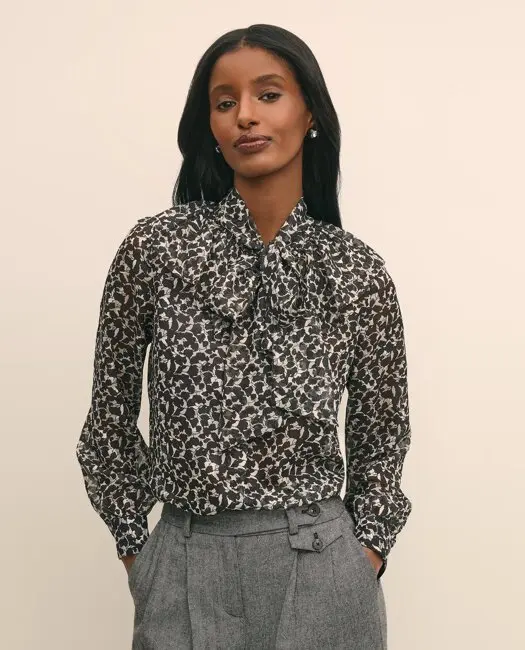 Brooks Brothers S Leaf-print Jacquard Bow-neck Blouse | | Small - Black