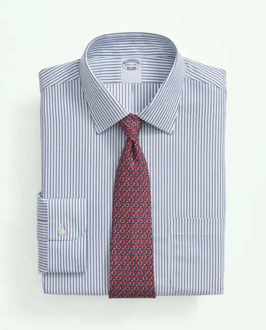 Brooks Brothers Explorer Collection Non-iron Twill Ainsley Collar, Stripe Dress Shirt - Navy