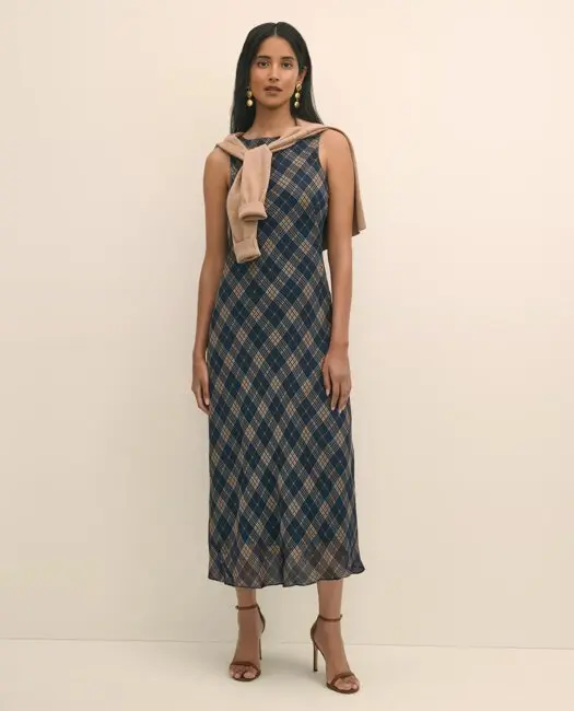 Brooks Brothers Crinkle Chiffon Plaid Maxi Dress - Navy