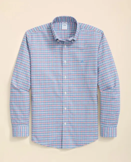 Brooks Brothers Stretch Cotton Non-iron Oxford Polo Button Down Collar, Multi Check Shirt - Blue